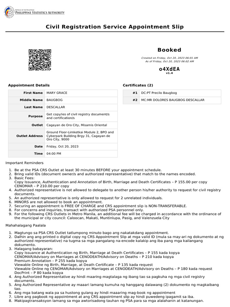 Civil Registration Service Appointment Slip | PDF | Finance & Money Management | Social Science