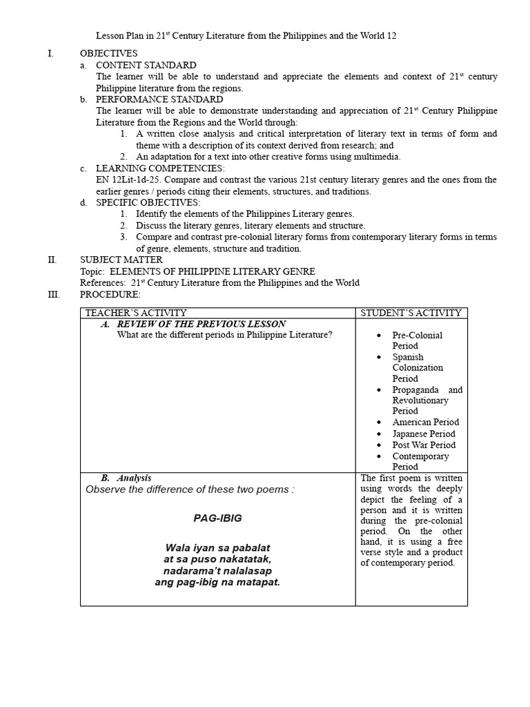 Lesson Plan in 21st Century Literature From The Philippines and The ... Lesson Plan in 21st Century Literature From The Philippines and The ...