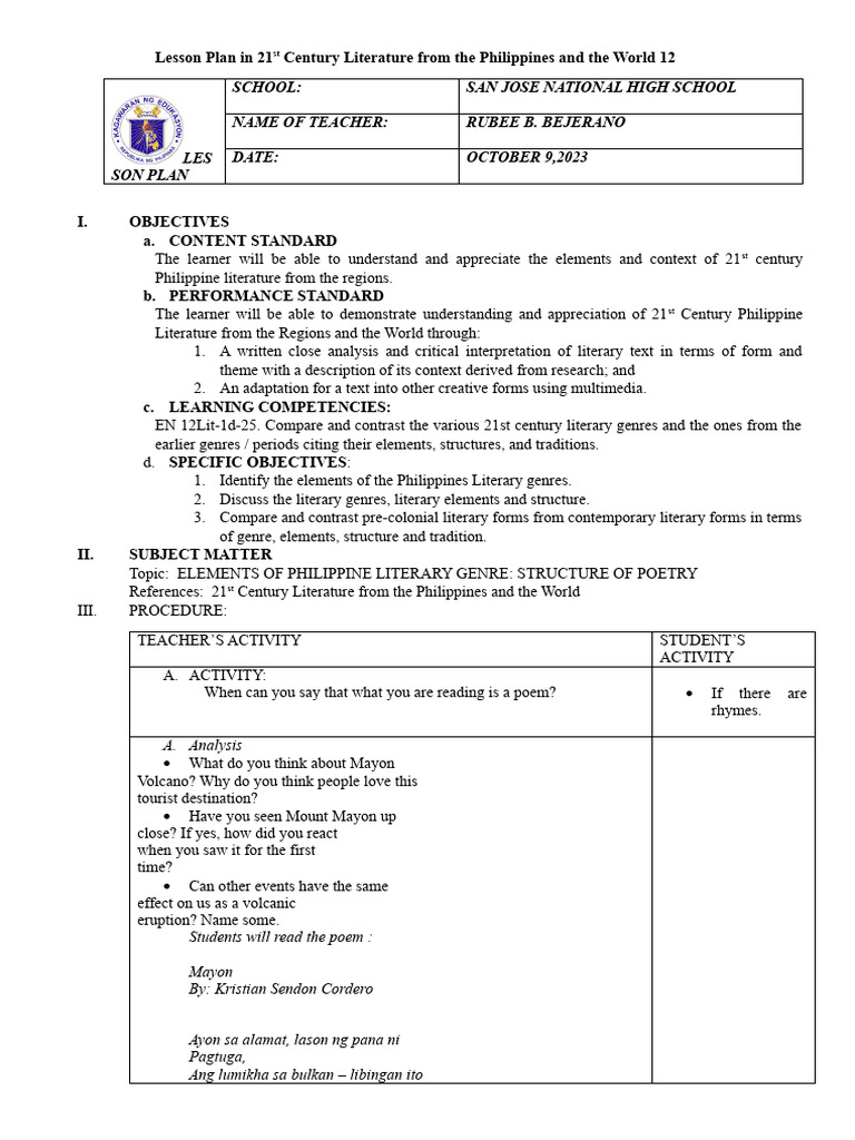 Lesson Plan in 21st Century Literature From The Philippines and The ...