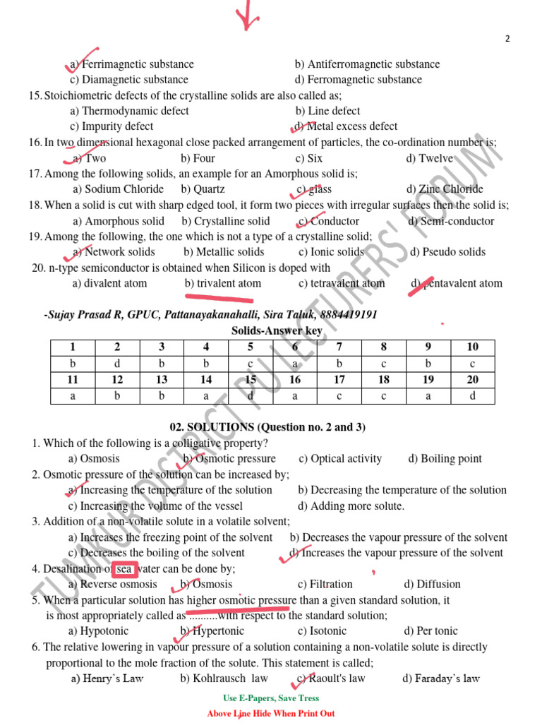 2nd Puc Chemistry Mcqs With Answers 2023 by Tumakur | PDF
