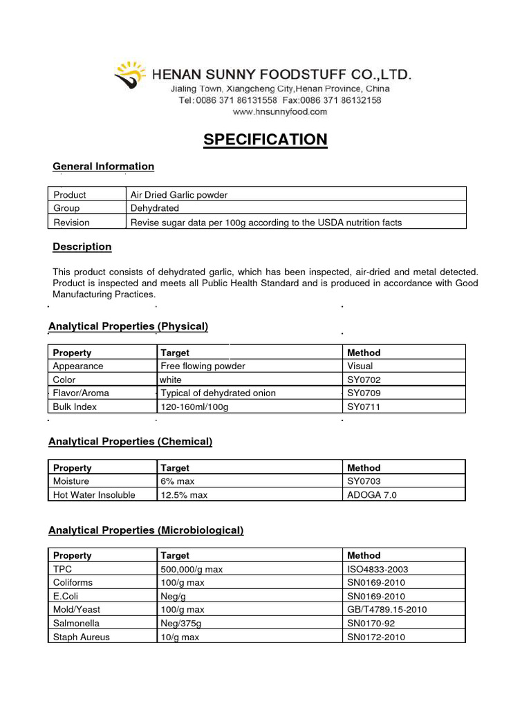Specification of Garlic Powder - Henan Sunny | PDF