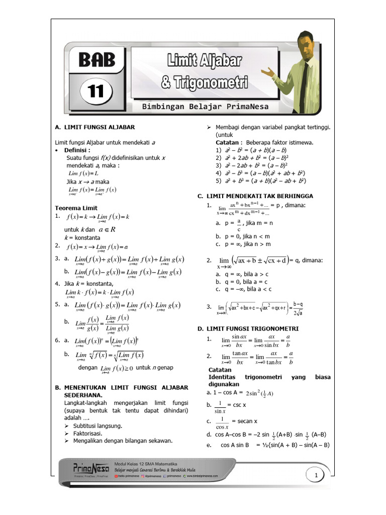 Mat 12 Bab 11 Rangkuman Limit Fungsi Aljabar & Trigonometri | PDF