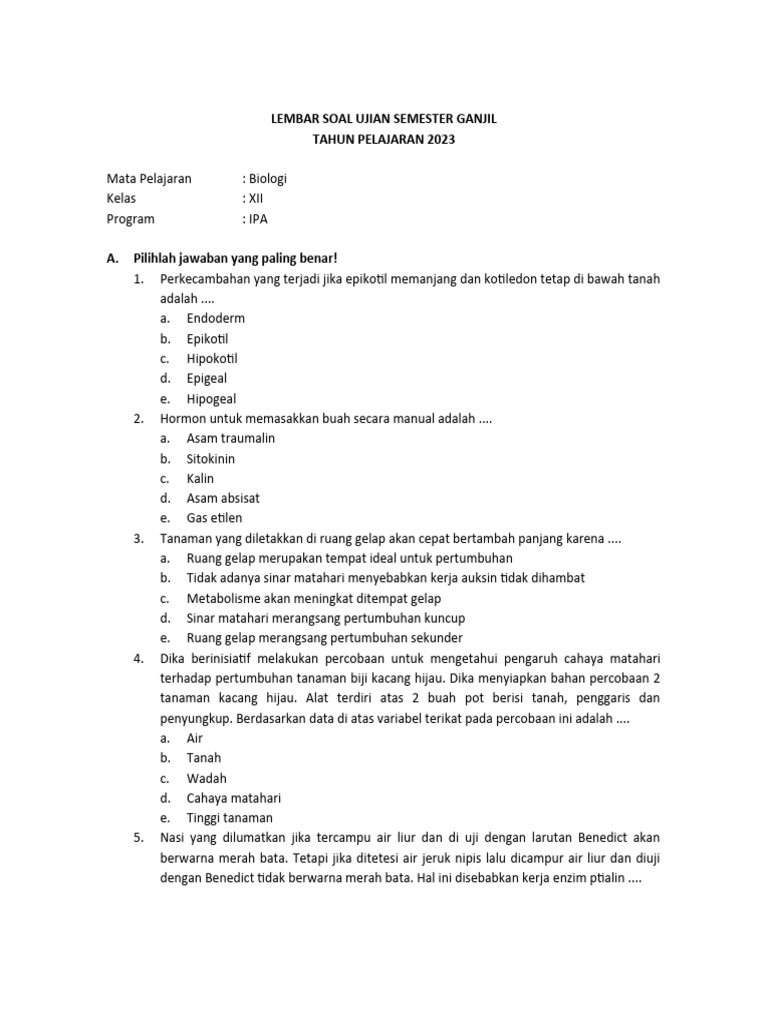 LEMBAR SOAL UJIAN BIOLOGI SEMESTER GANJIL Kleas 12 | PDF | Kesehatan Holistik
