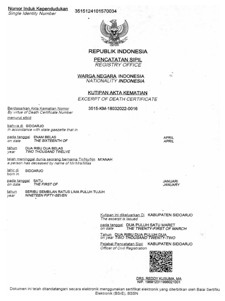 Akta Kematian Mi'anah | PDF