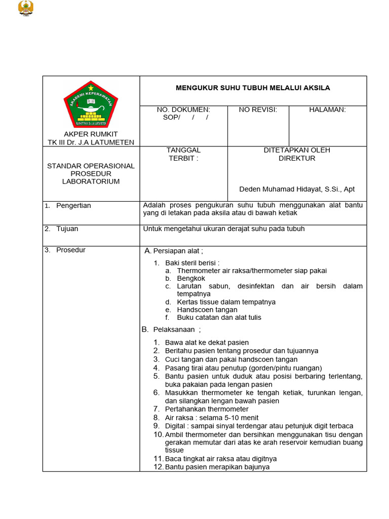 SOP Mengukur Suhu Tubuh Melalui Aksila | PDF