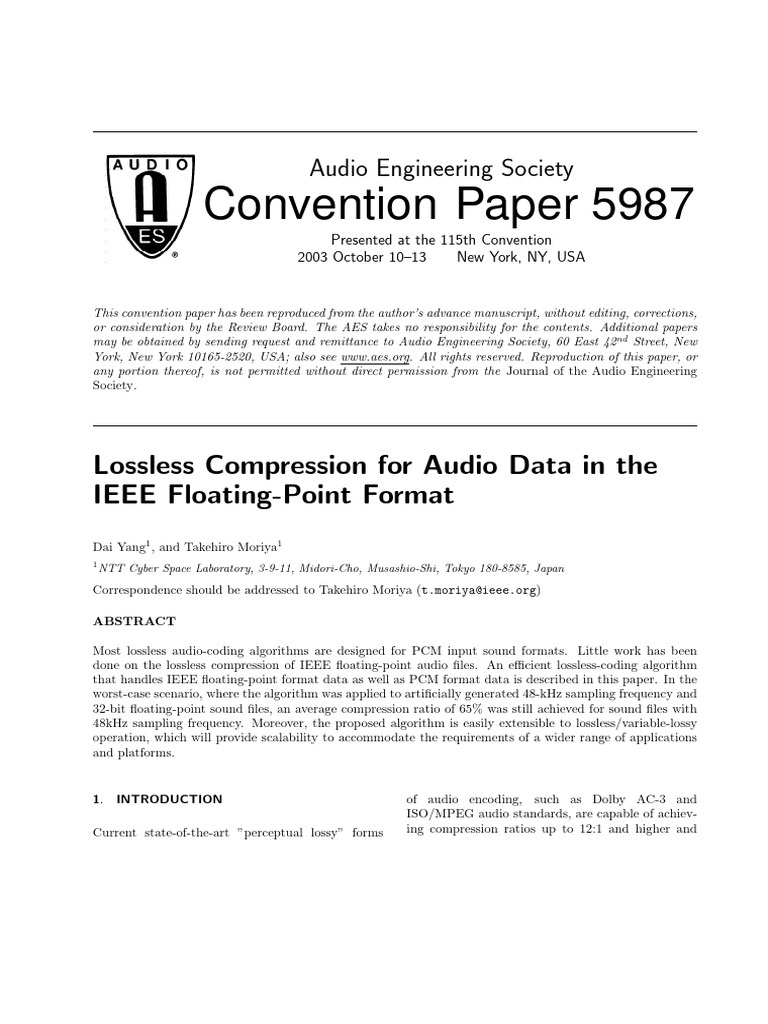 Lossless Compression For Audio Data in The IEEE Floatin Point Format ... Lossless Compression For Audio Data in The IEEE Floatin Point Format ...