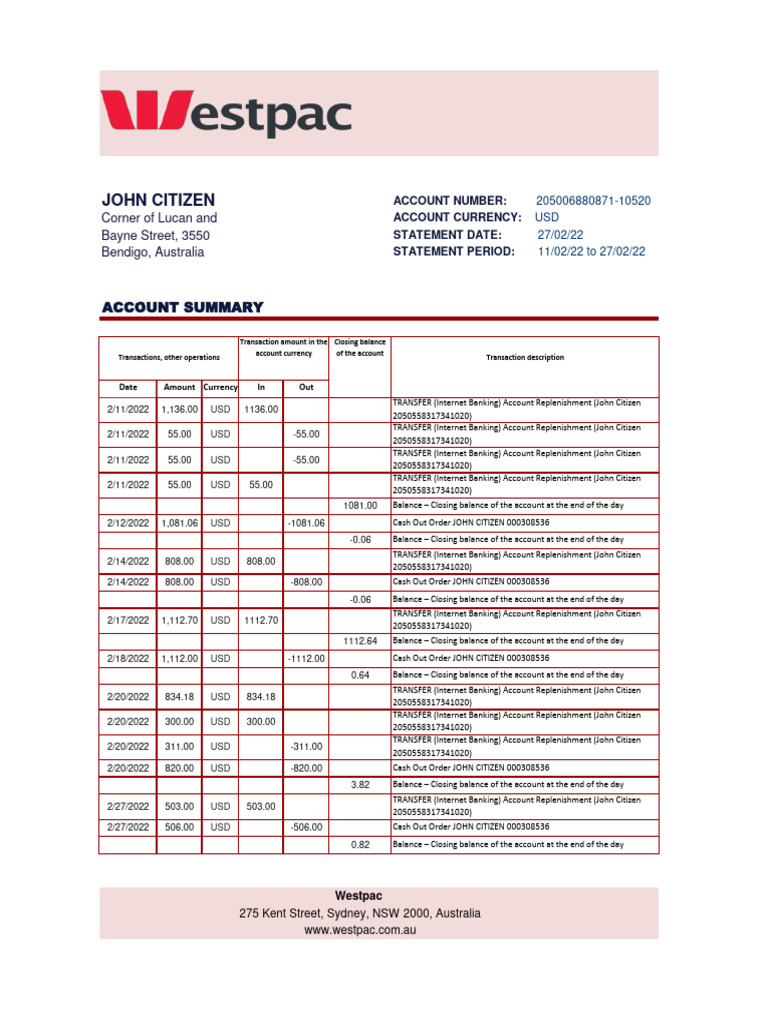 Australia Westpac Bank Statement | PDF | United States Dollar | Online ...