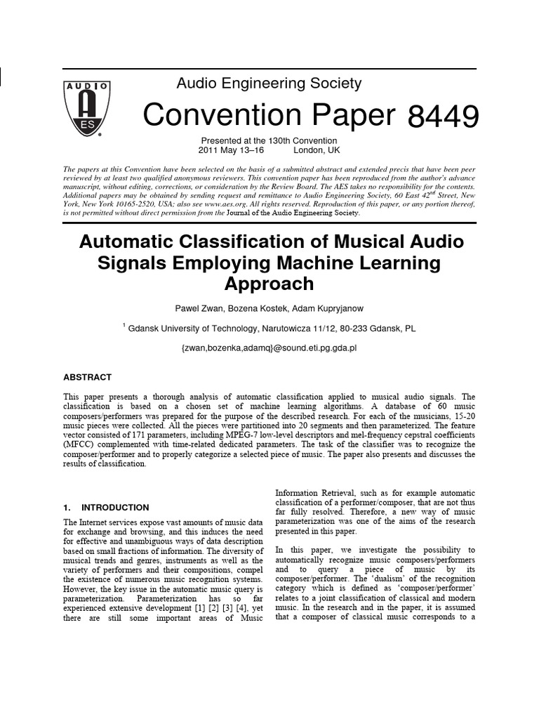 Automatic Classification of Musical Audio Signals Employing Machine Learning Approach | PDF ...