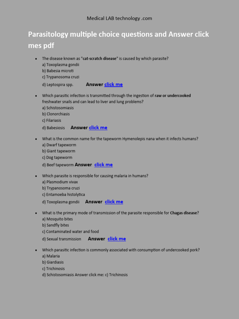 Parasitology Multiple Choice Questions and Answers PDF | PDF