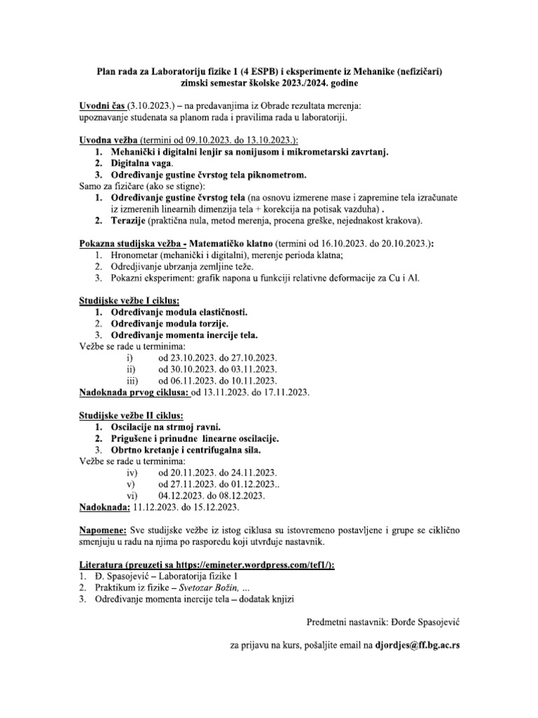 Laboratorija Fizike 1 - Plan Rada | PDF