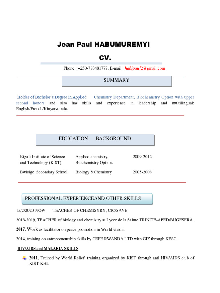 CV Paul Teacher | PDF | Hiv/Aids | Rwanda