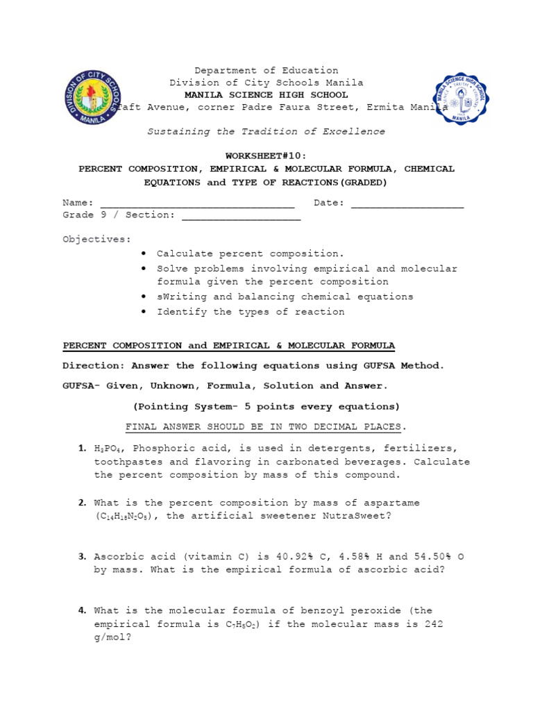 Worksheet 10 Percent Composition, Empirical & Molecular Formula ...