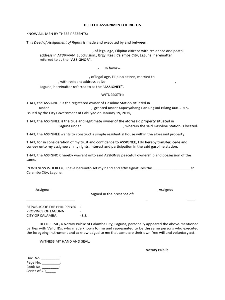 Deed of Assignment of Rights - Sample | PDF