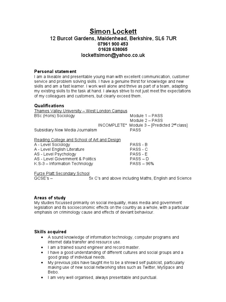 CV - Simon Lockett | PDF | Sociology | Cognition