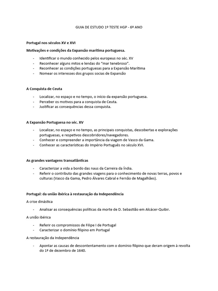 Guia de Estudo 1º Teste HGP - 6º Ano | Download grátis PDF | Era dos ...