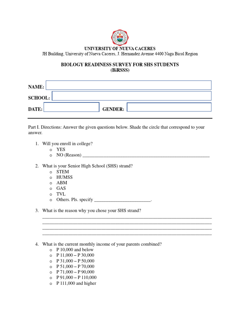 Bio SHS Survey Questionnaires | PDF | Science
