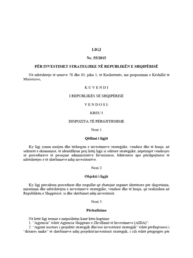 Ligji Mbi Investimet Strategjike | PDF