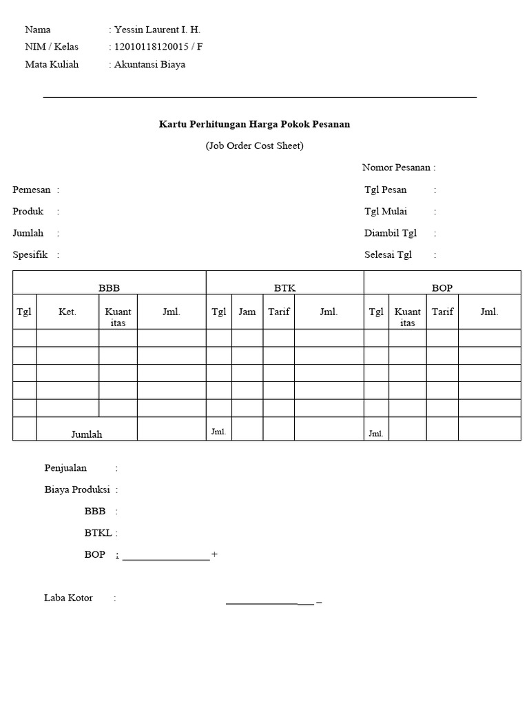 Template Kartu Perhitungan Harga Pokok Pesanan | PDF