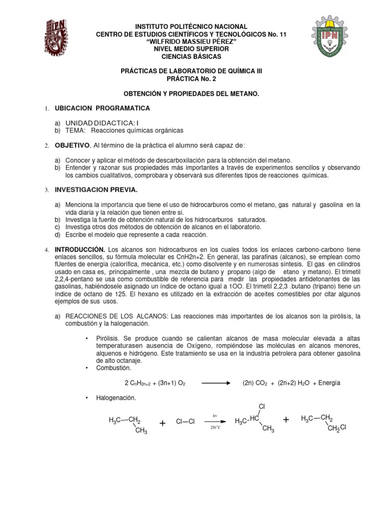 P2Q3 Obtenci+ N y Propiedades Del Metano | PDF | Alcano | Hidrocarburos
