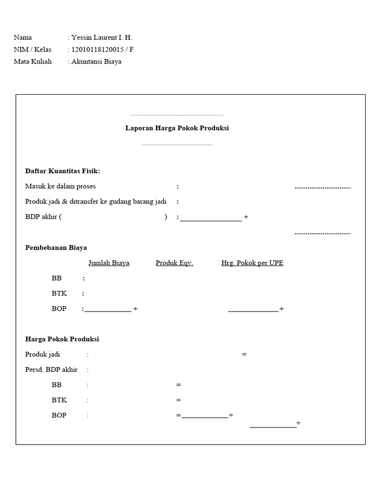 Template Laporan Harga Pokok Produksi | PDF