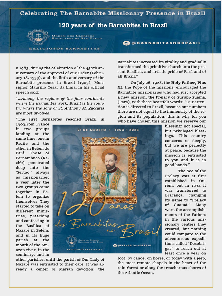 Celebrating 120 Anniversary of The Barnabite Missionary Presence in ...
