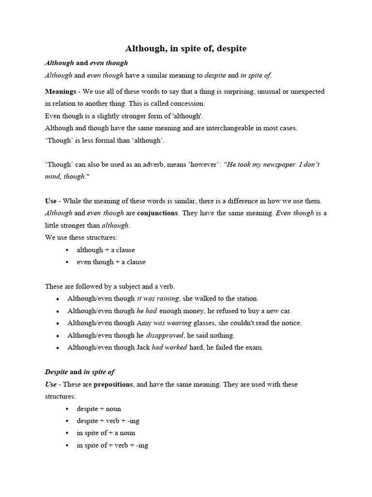 Although, in Spite Of, Despite | PDF | Verb | Languages