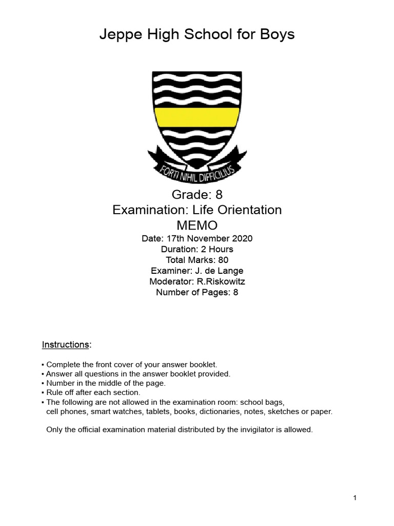 Grade 8 LO Exam MEMO Final Term 4 - 2020 | PDF | Hiv/Aids | Domestic ...