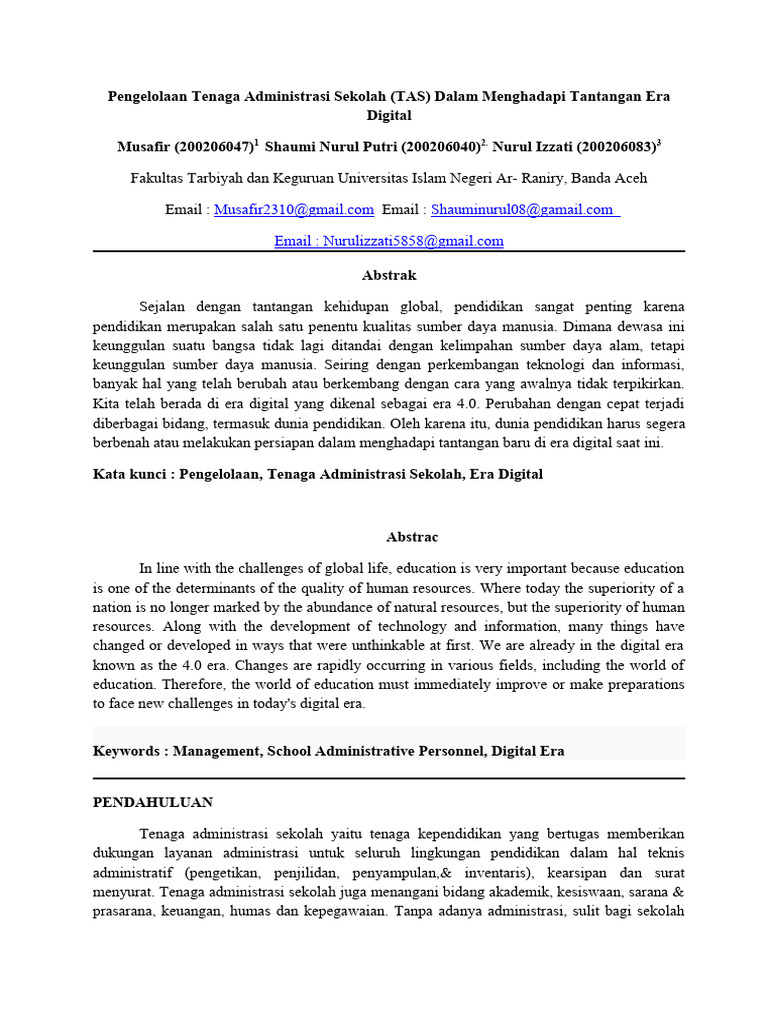 Jurnal Metopen Pengelolaan Tenaga Administrasi Sekolah Dalam Menghadapi Tantangan Era Digital ...