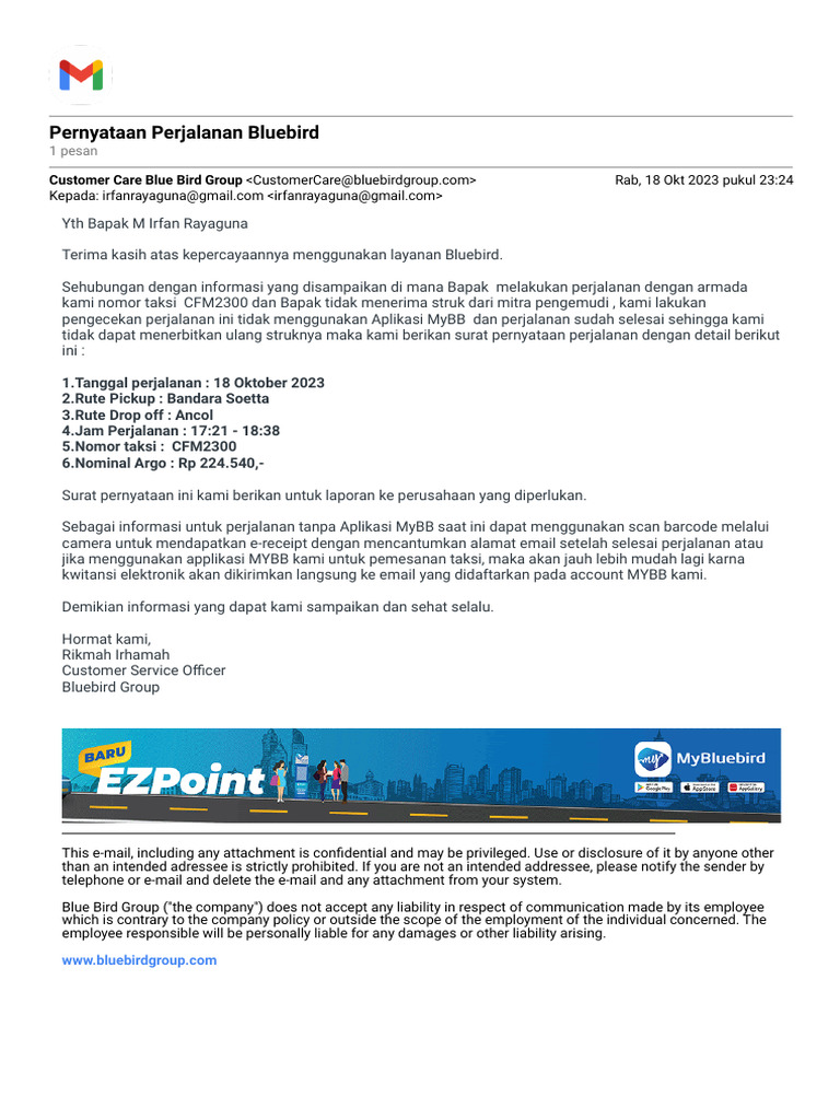 Gmail - Pernyataan Perjalanan Bluebird | PDF