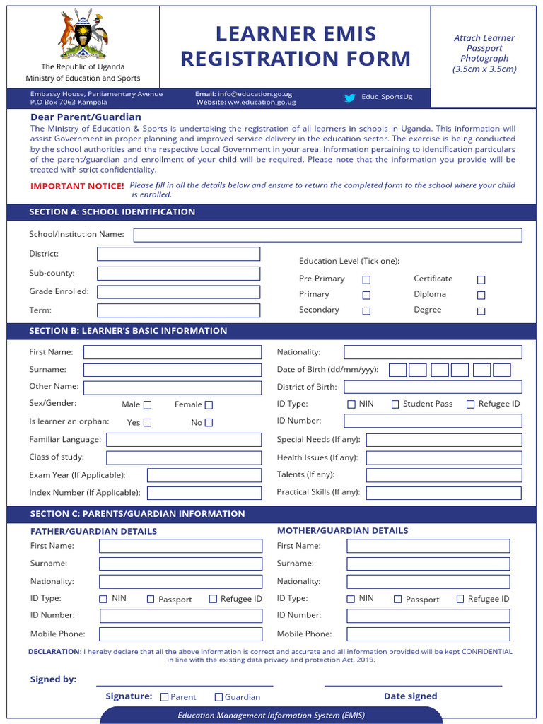 EMIS Learner Registration Form Uganda | PDF | Identity Document