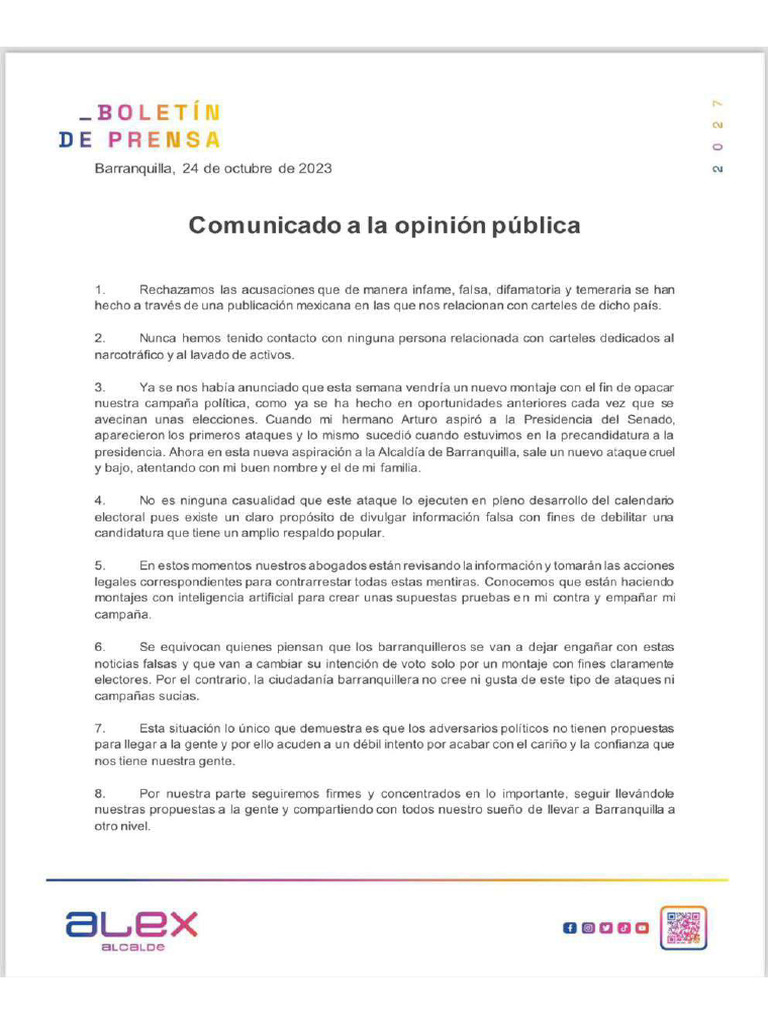 Comunicado Campaña de Álex Char | PDF