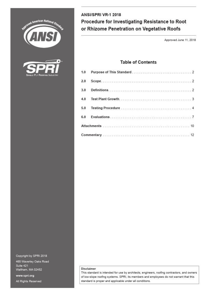 ANSI SPRI VR 1 2018 Procedure For Investigating Resistance To Root or Rhizome Penetration On ...