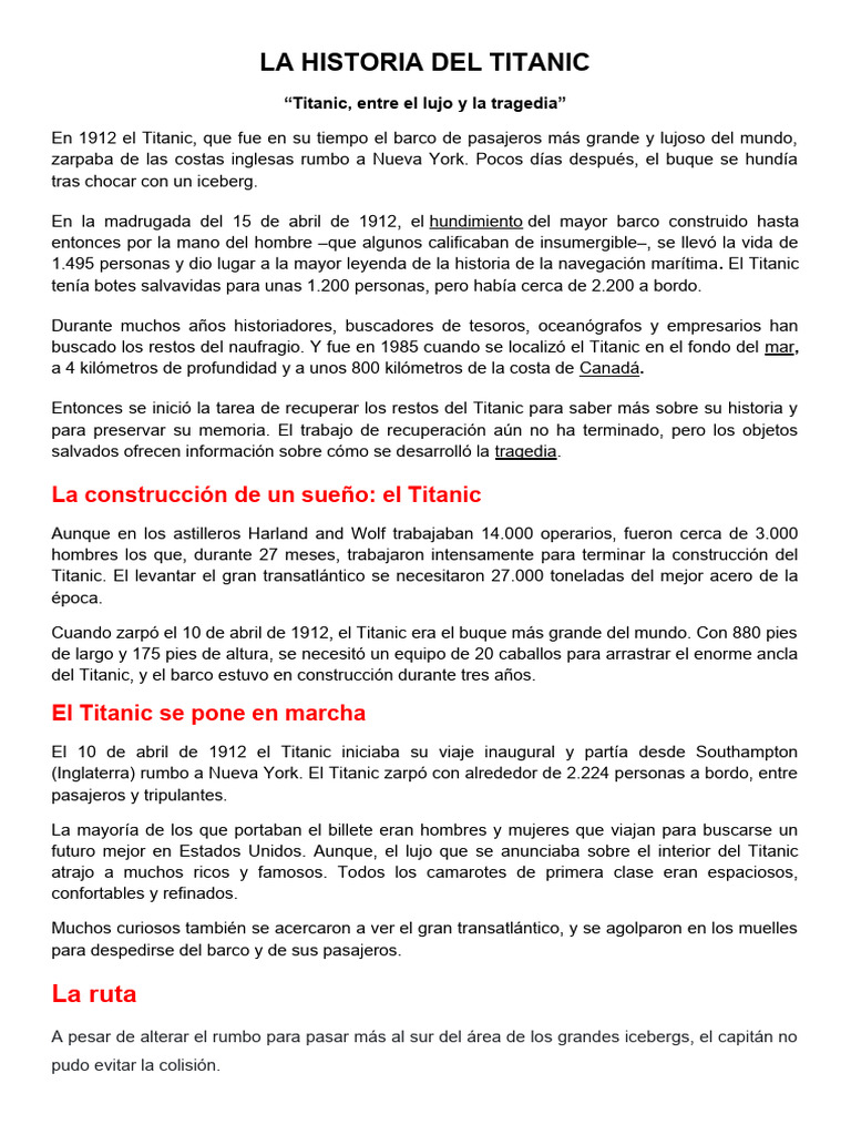 La Historia Del Titanic | PDF | Buques | Incidentes Maritimos