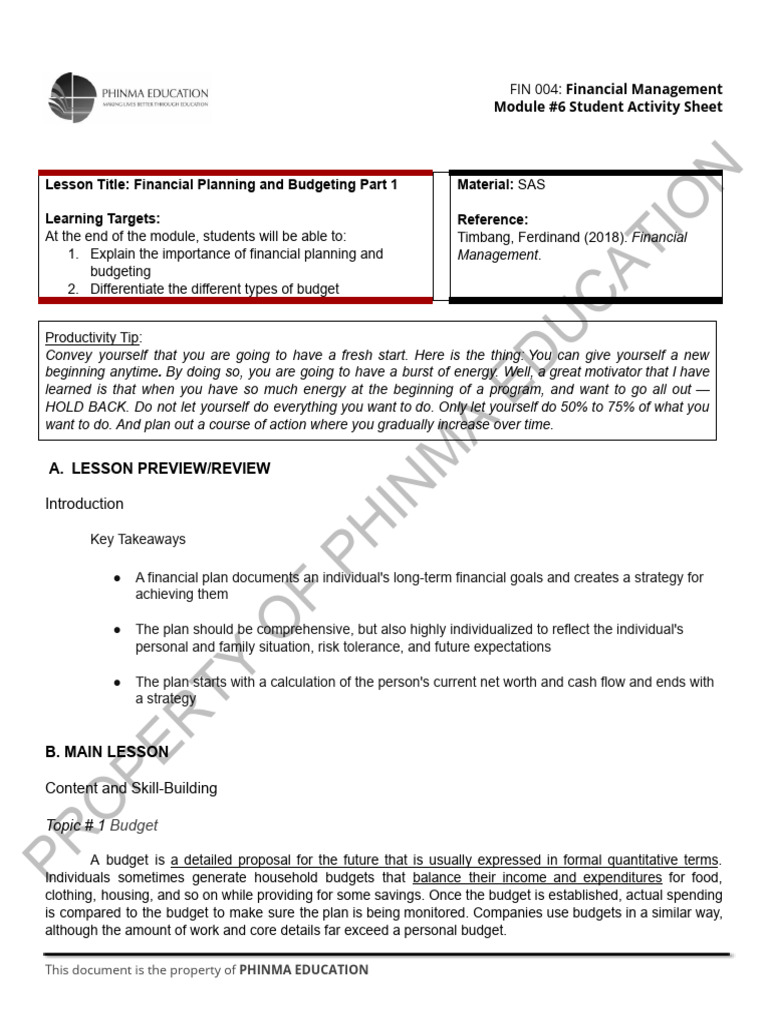 FIN 004 Module #6 SAS | PDF | Budget | Inventory