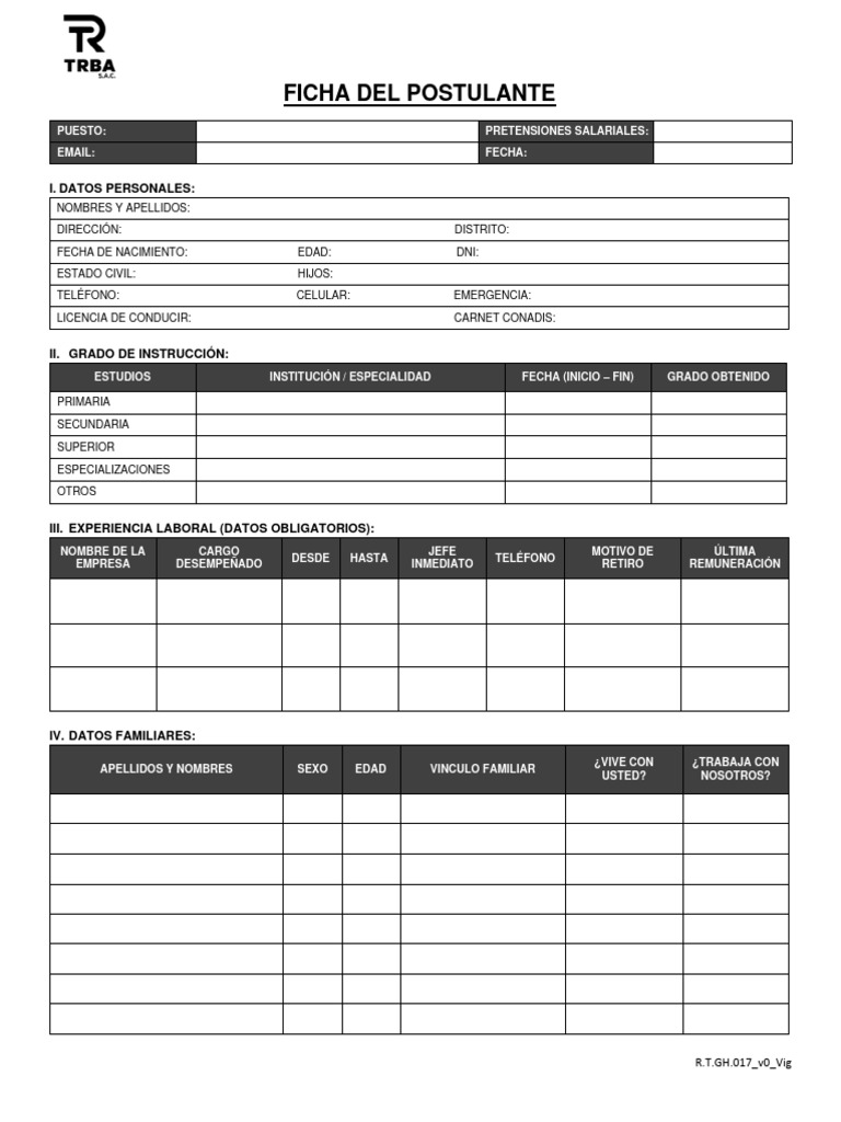 R.T.gh.017 Ficha de Postulante v0 Vig | PDF