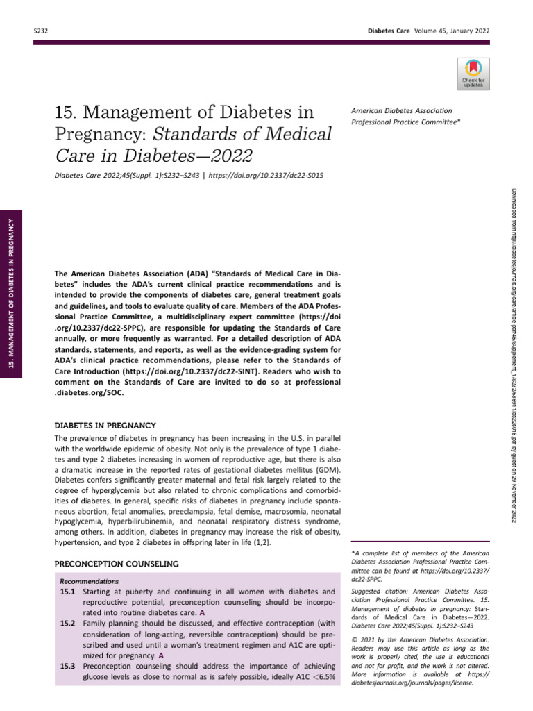 Management of Diabetes in Pregnancy ADA 2022 | PDF | Gestational ...