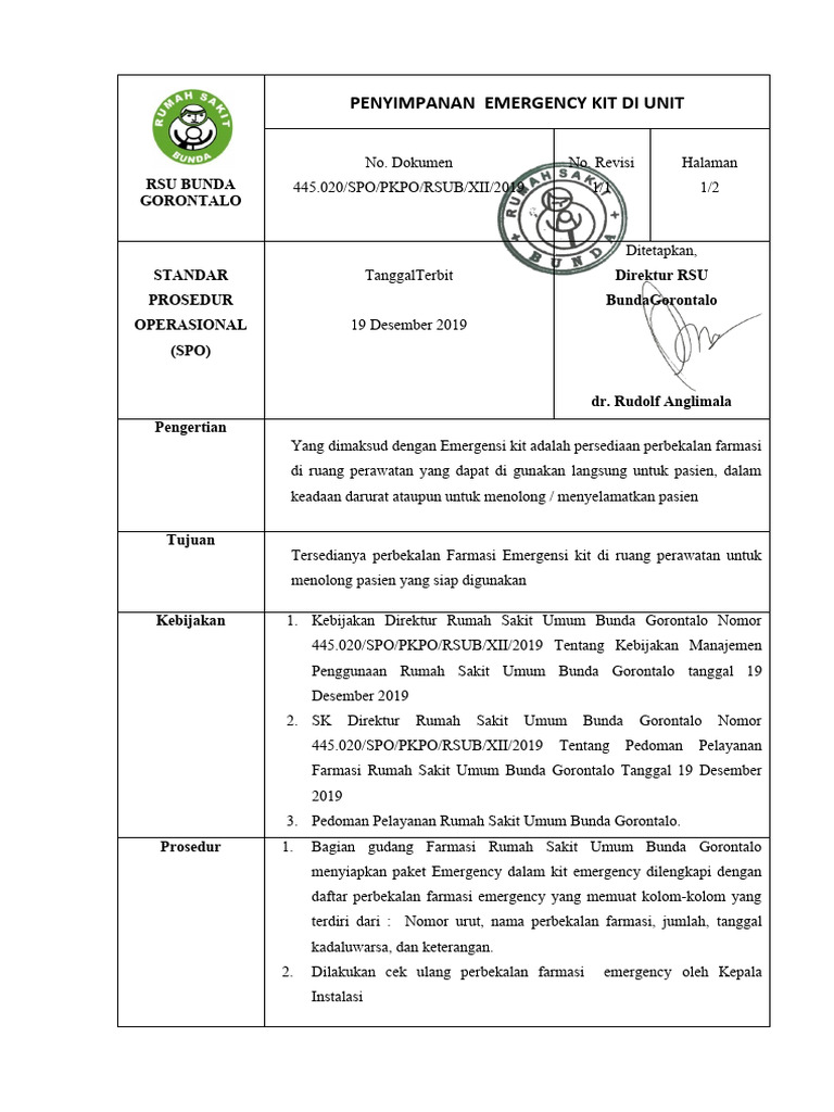 Sop Penyimpanan Emergency Kit | PDF