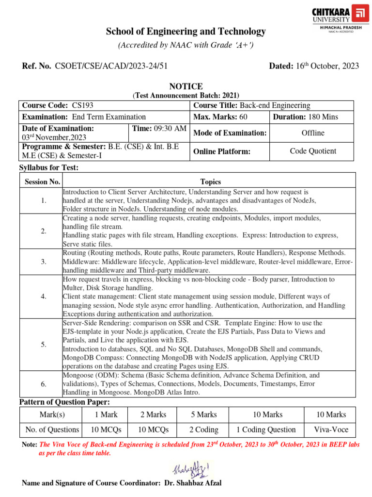 Notice-Back-end Engineering (CS193) 5A-5E (ETE) | PDF | Computers | Technology & Engineering