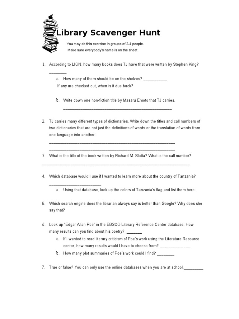 Library Scavenger Hunt | PDF