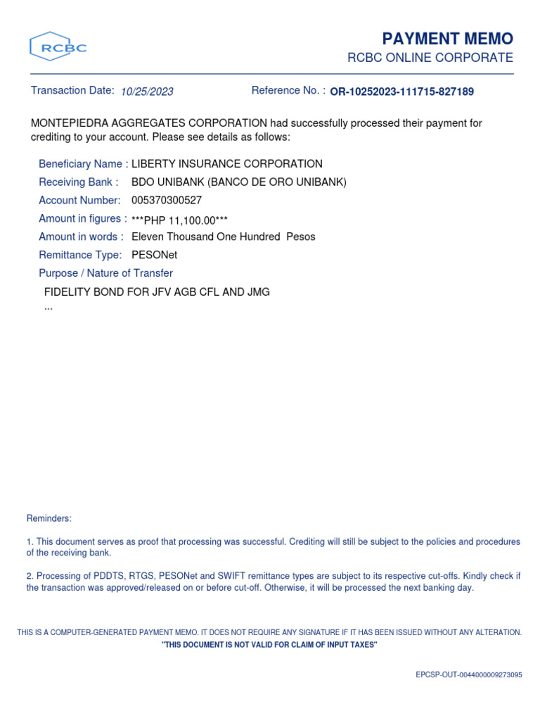 Outward - Remittance - Payment - Memo-LIBERTY INSURANCE CORPORATIONMAGG231025125620 | PDF