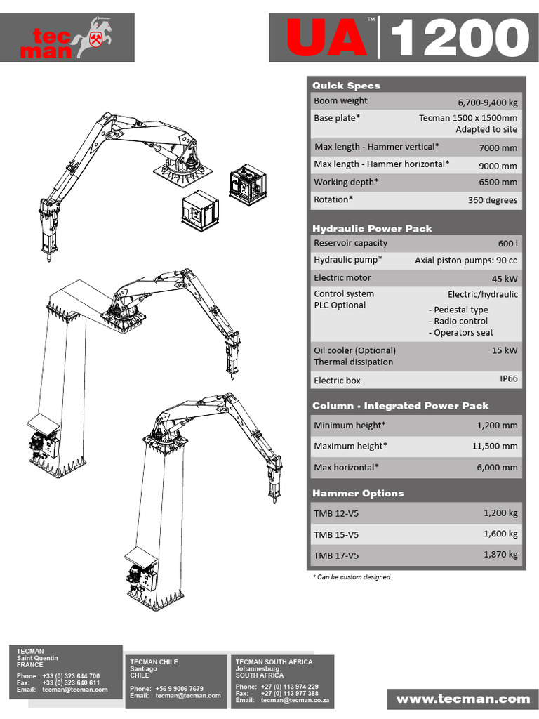 Tecman UA1200 Specifications Overview | PDF | Hydraulics | Equipment