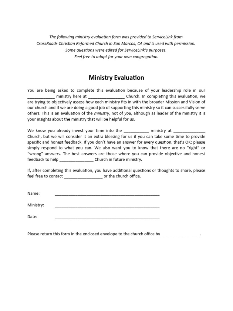 Ministry Evaluation Form Template | PDF | Cognitive Science | Cognition