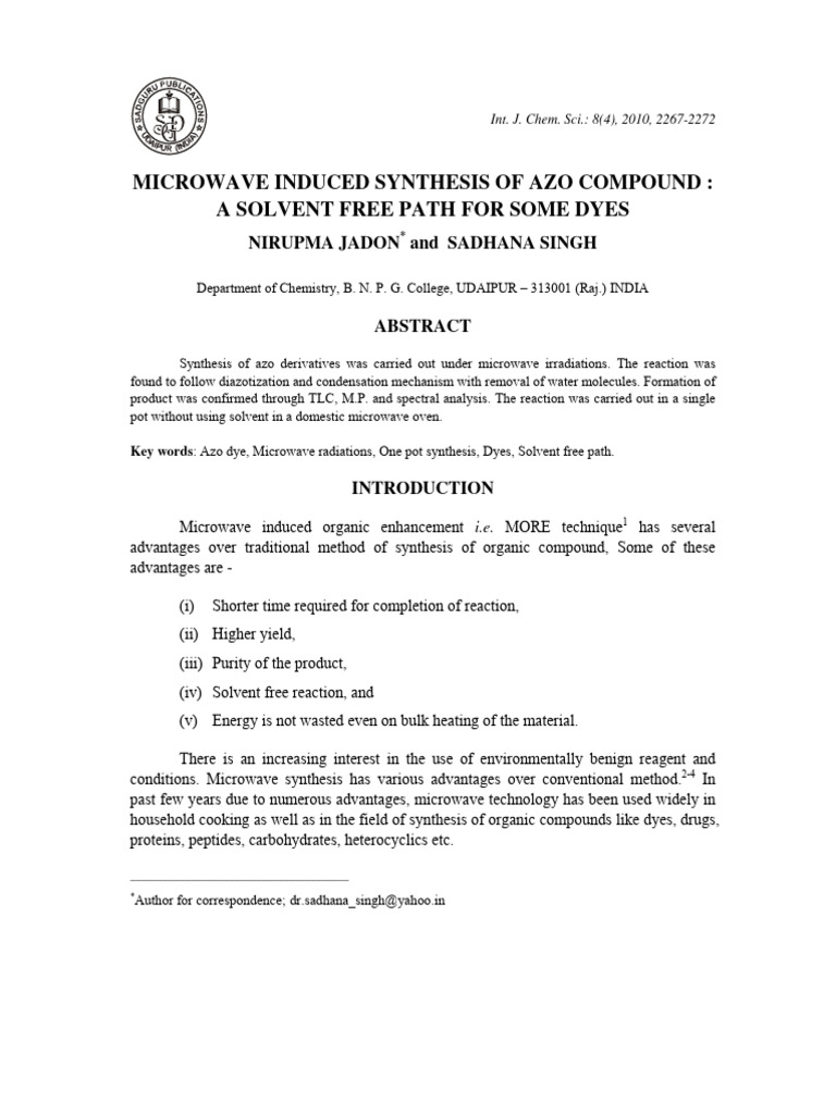Microwave Induced Synthesis of Azo Compound A Solvent Free Path For ...