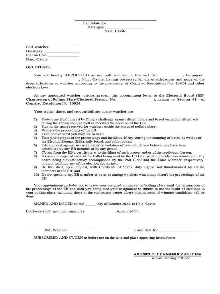 Poll Watcher Appointment Letter | PDF | Voting | Elections