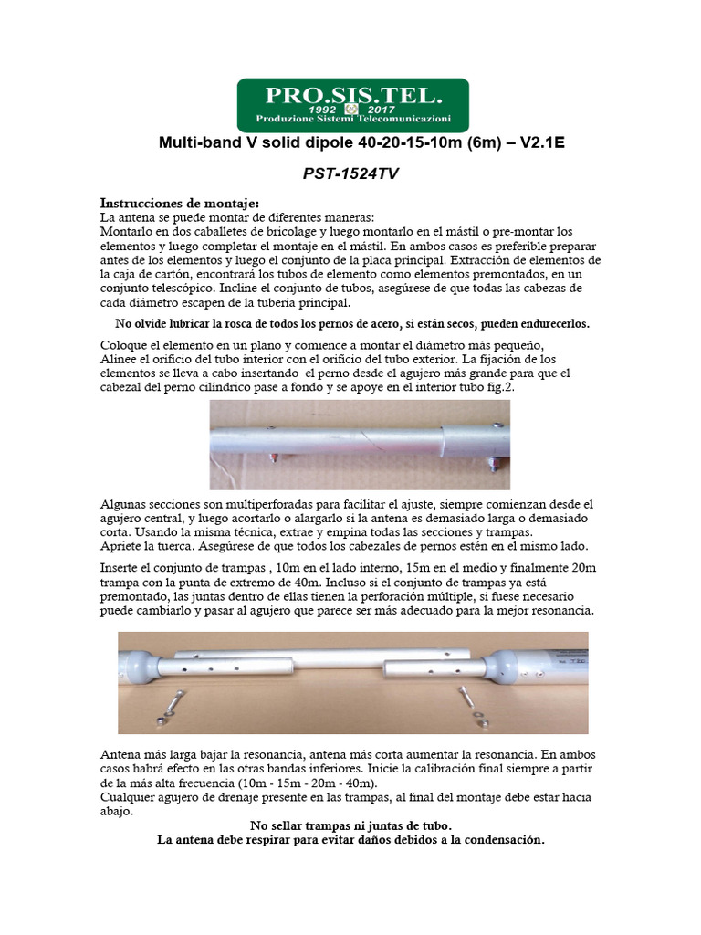 Antena Dipolo Rigido en V Multibanda PROSISTEL PST-1524TV-V2.1-español ...