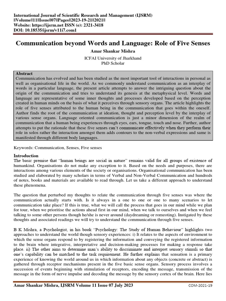 Communication Beyond Words And Language Role Of Five Senses Pdf Communication Speech