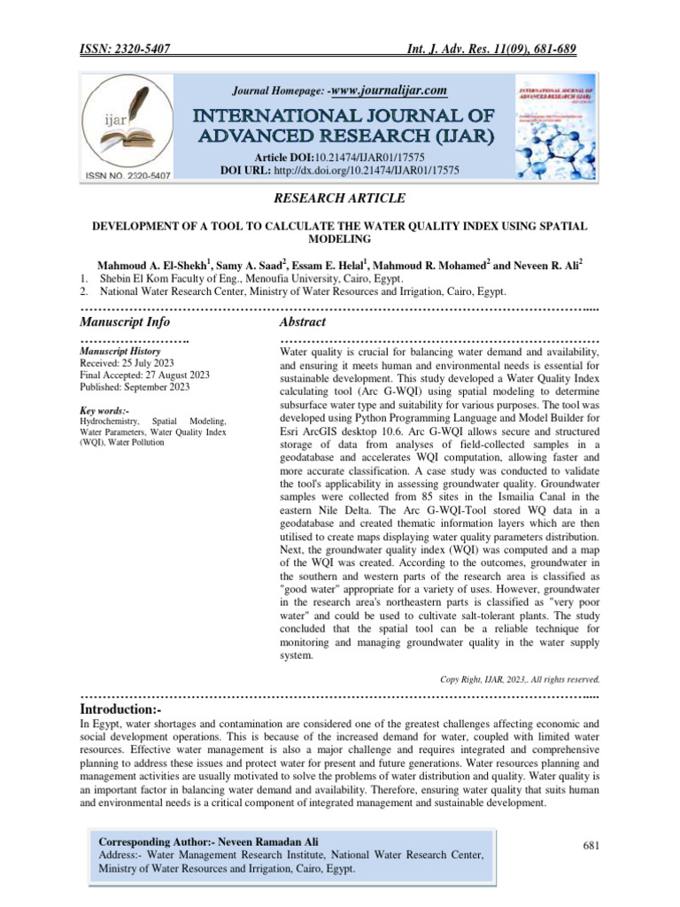 Development of A Tool To Calculate The Water Quality Index Using Spatial Modeling | PDF ...
