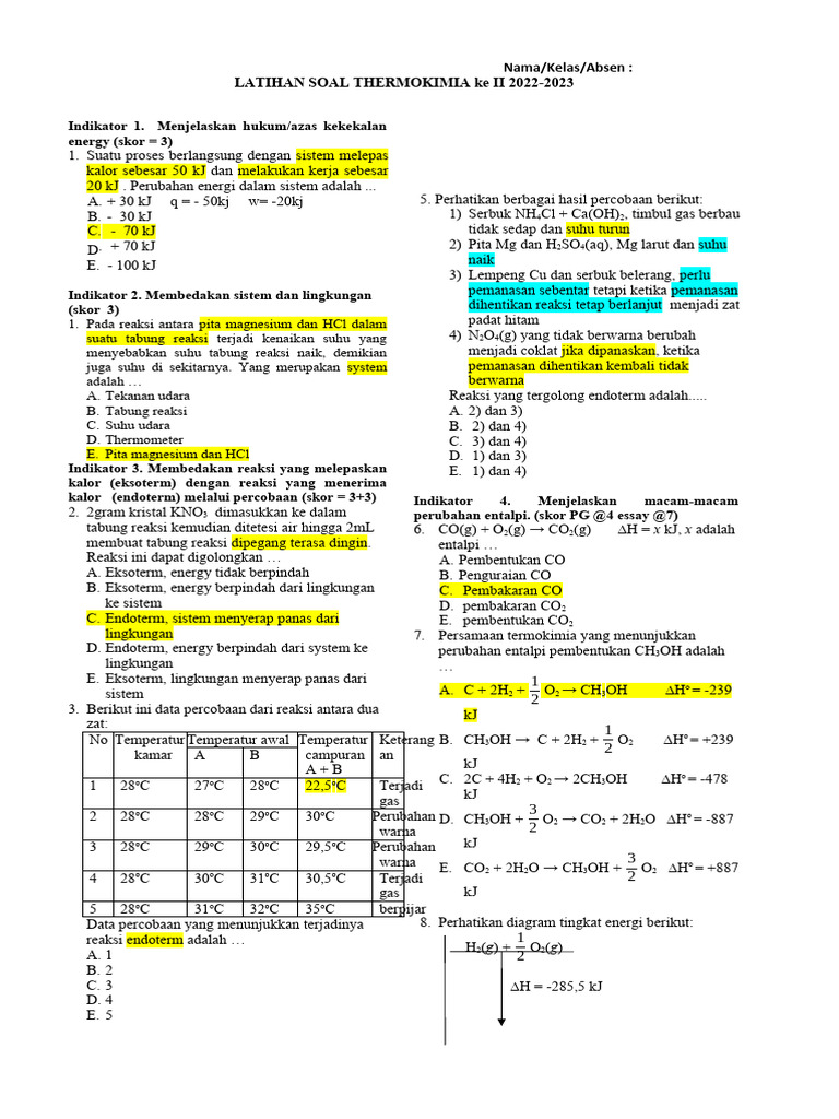 Latihan Soal Thermokimia Ke II 2022-2023 | PDF | Sains & Matematika