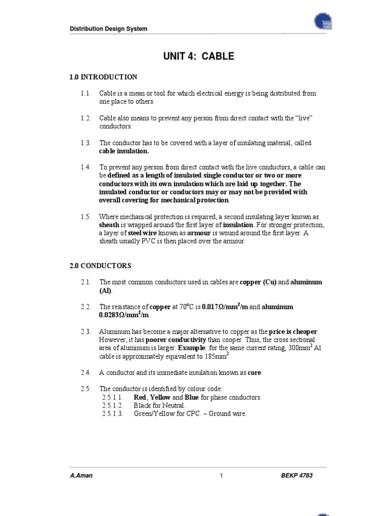 Unit 4: Cable: Distribution Design System | PDF | Electrical Wiring ...