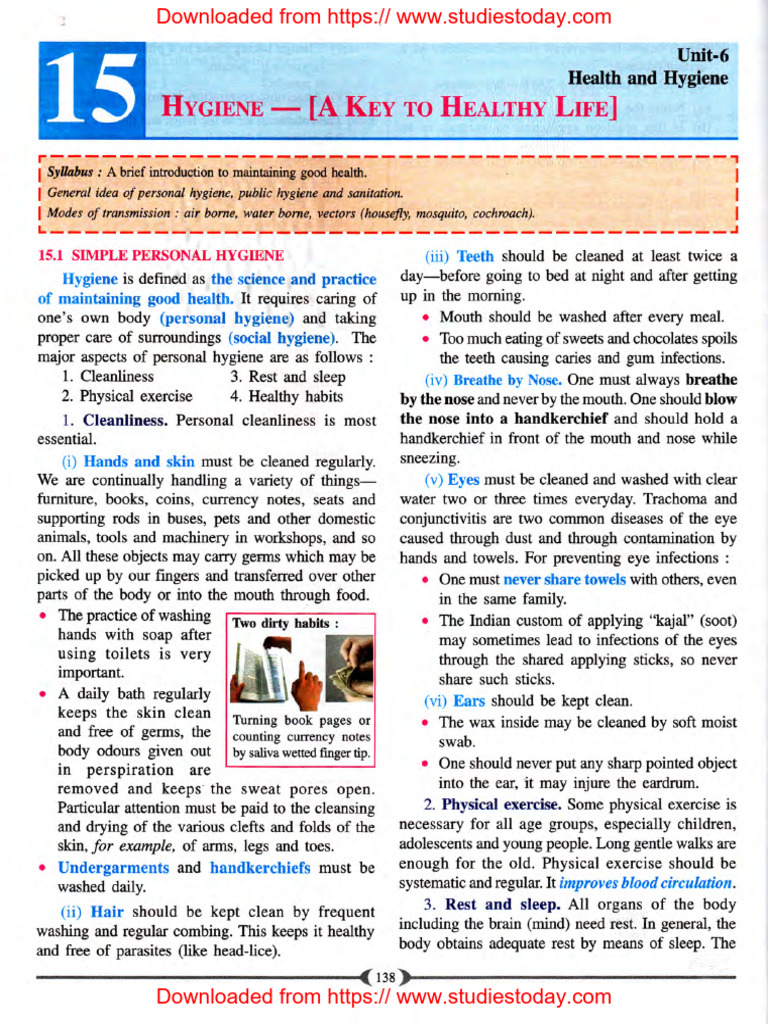 ICSE Selina Class 9 Biology Chapter 15 Hygiene A Key To Healthy Life | PDF
